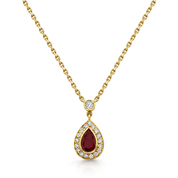 Pear Shape Ruby Diamond Drop Pendant 18ct Yellow Gold